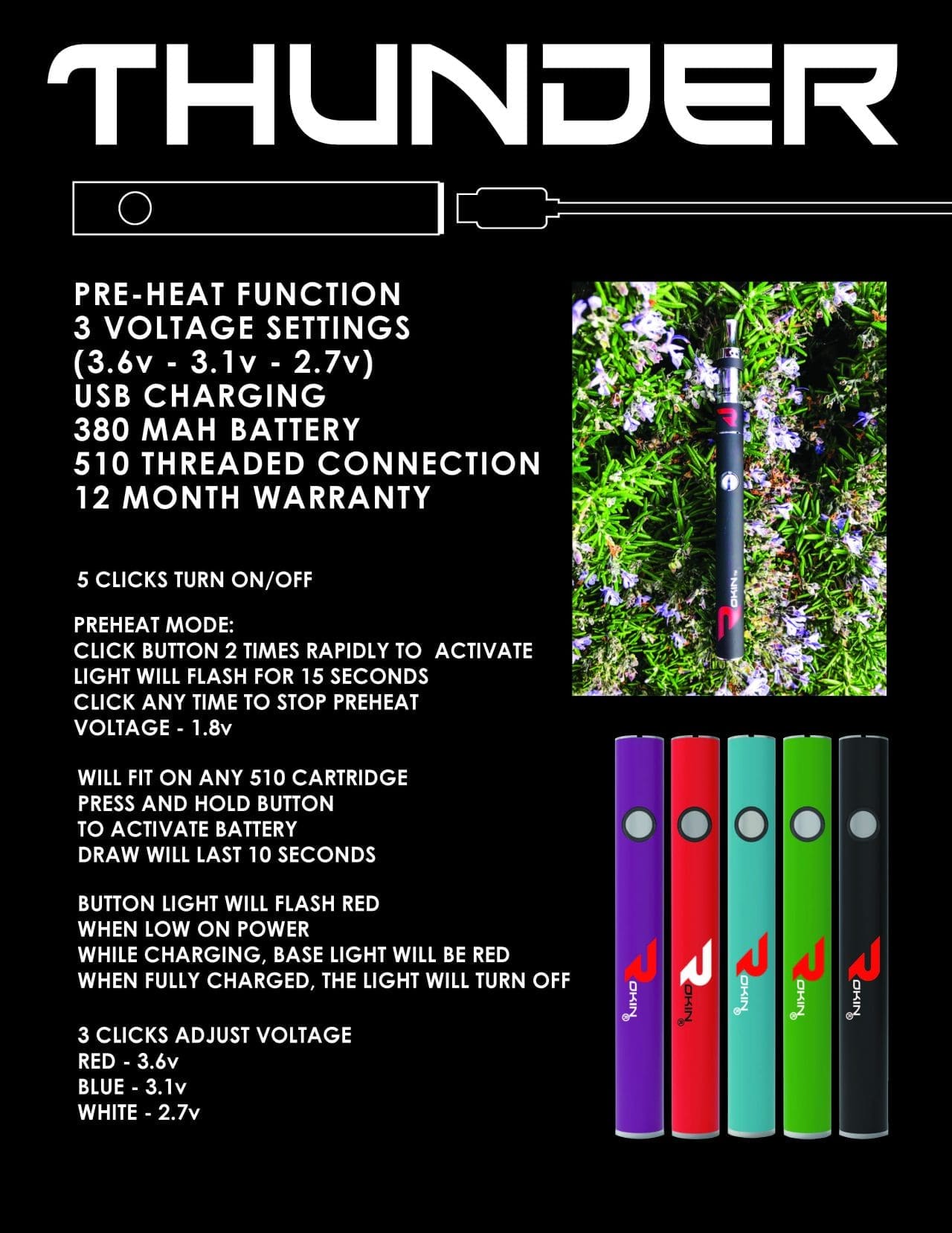 Thunder Stick Vape Pen | 510 Thread Battery | Rokin